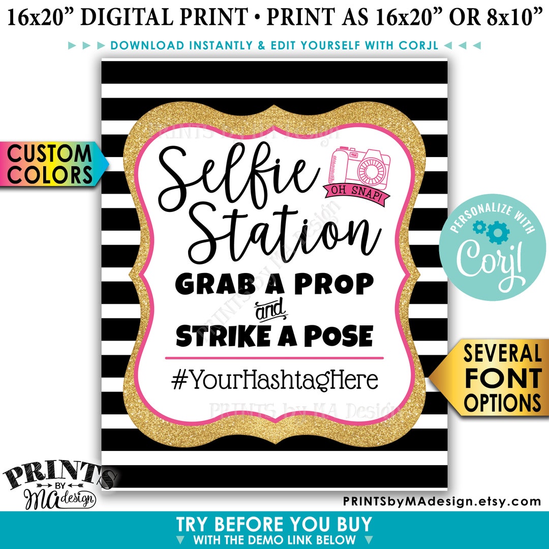 Selfie Station Sign, Grab a Prop and Strike a Pose Hashtag Sign, Gold ...