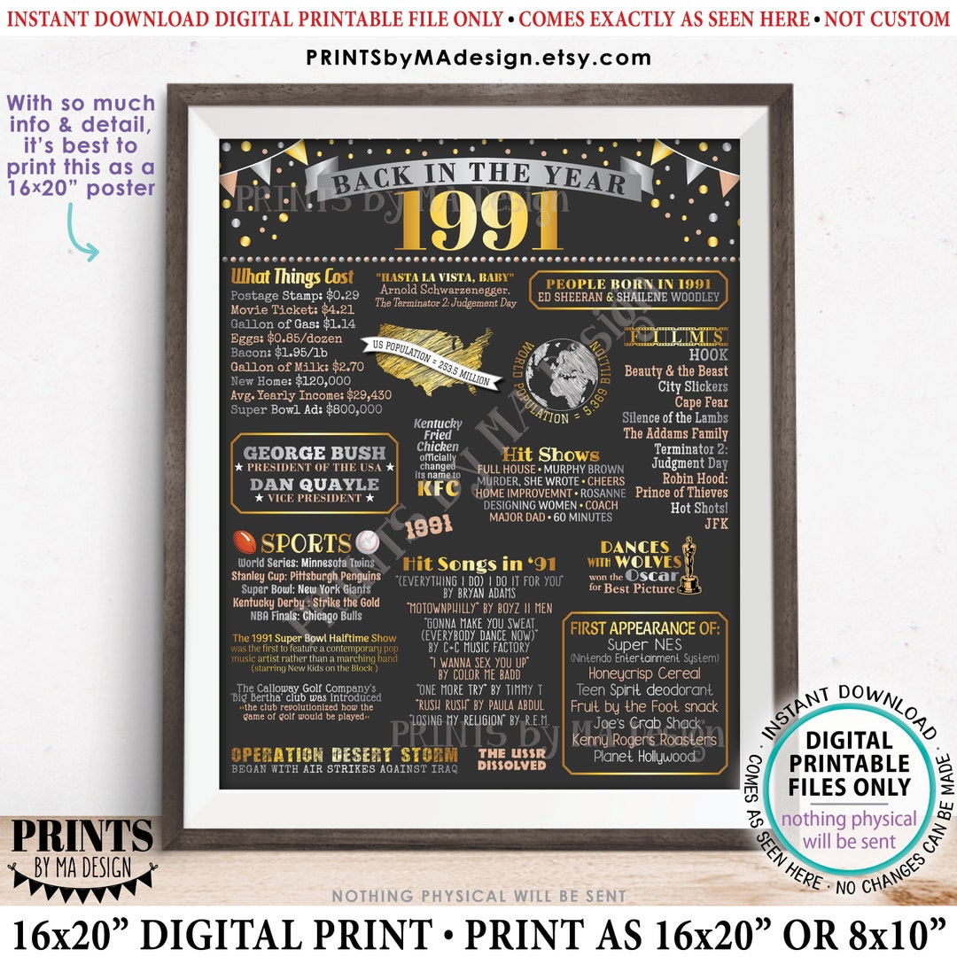 Back in the Year 1991 Poster Board, Remember 1991 Sign, Flashback to ...
