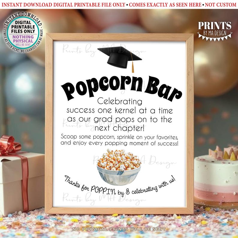 Graduation Popcorn Bar Sign, Scoop Sprinkle Enjoy Popcorn Menu, Punny ...