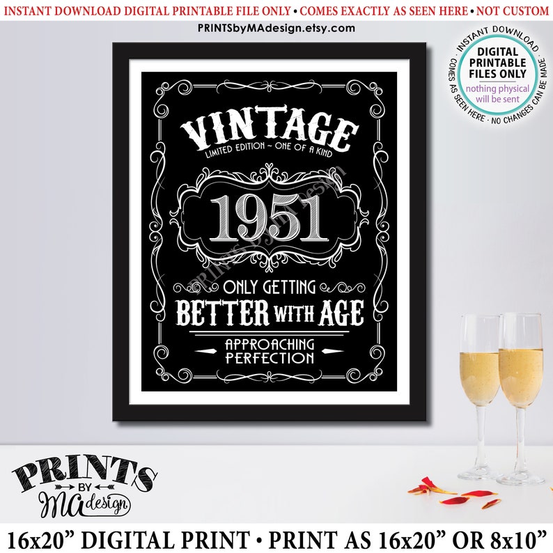 1951 Birthday Sign, Better With Age Vintage Birthday Poster, Whiskey ...