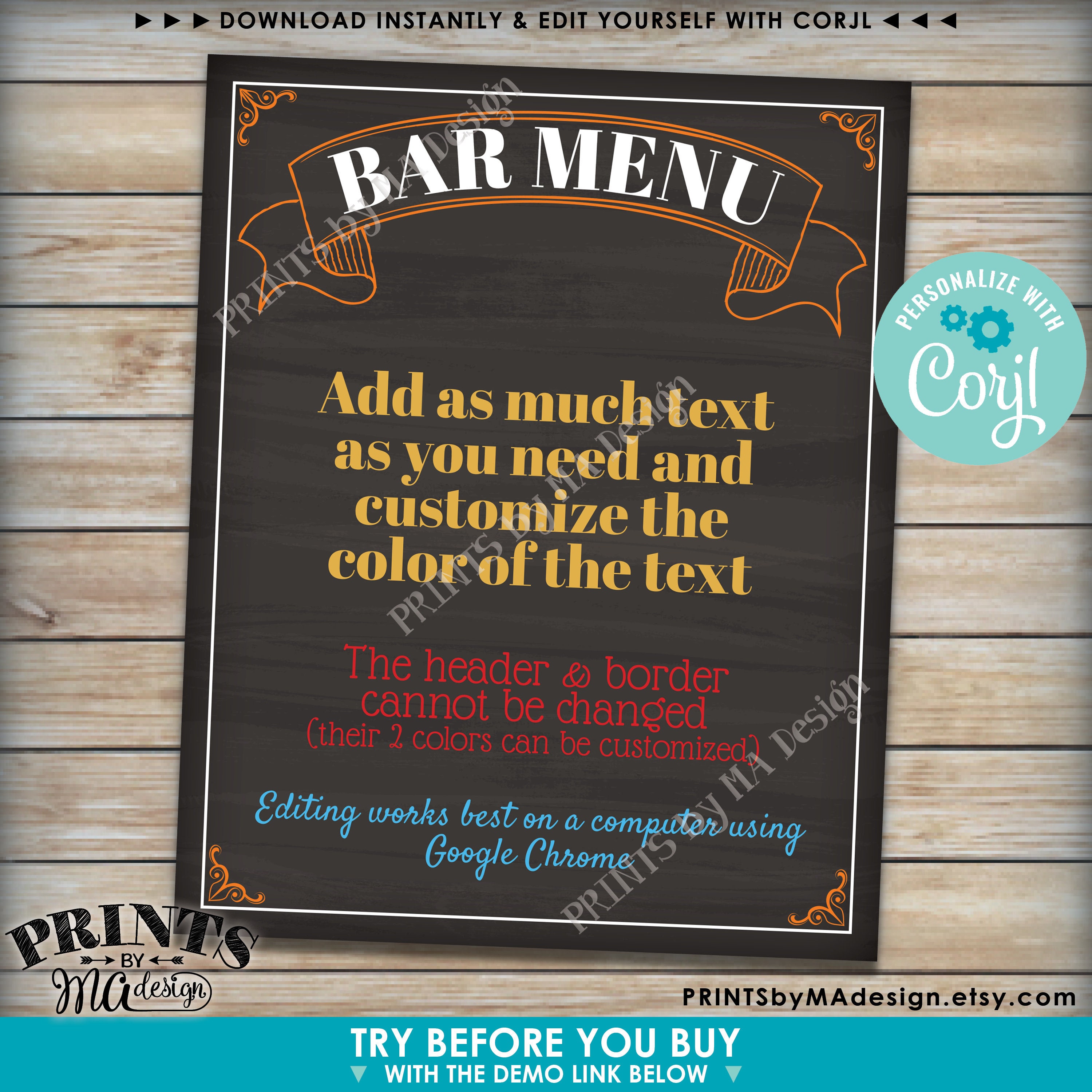 Bar Menu Sign, Editable 8x10/16x20” PRINTABLE Chalkboard Style Drink ...