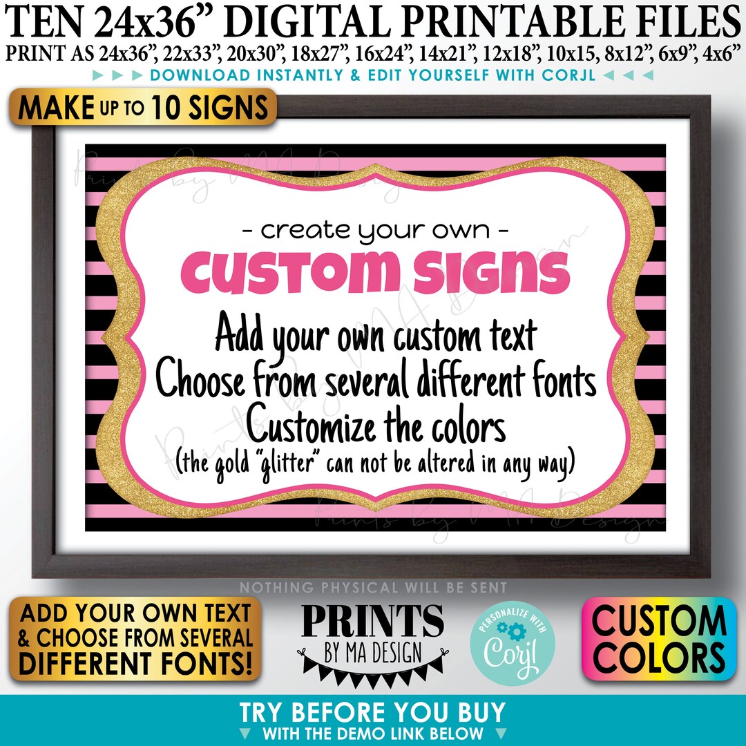 Editable Stripes Signs, Gold Glitter, Choose Text and Colors, Design 10 ...