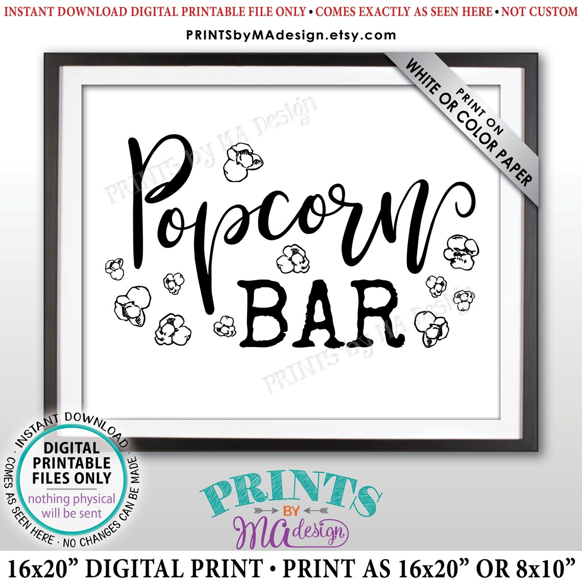 Popcorn Bar Sign PRINTABLE 8x10/16x20 Sign Instant Download | Etsy