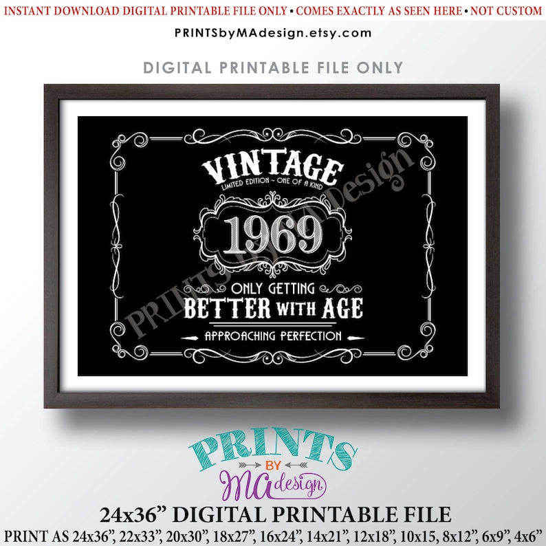 1969 Birthday Sign Vintage Better With Age Poster Whiskey | Etsy