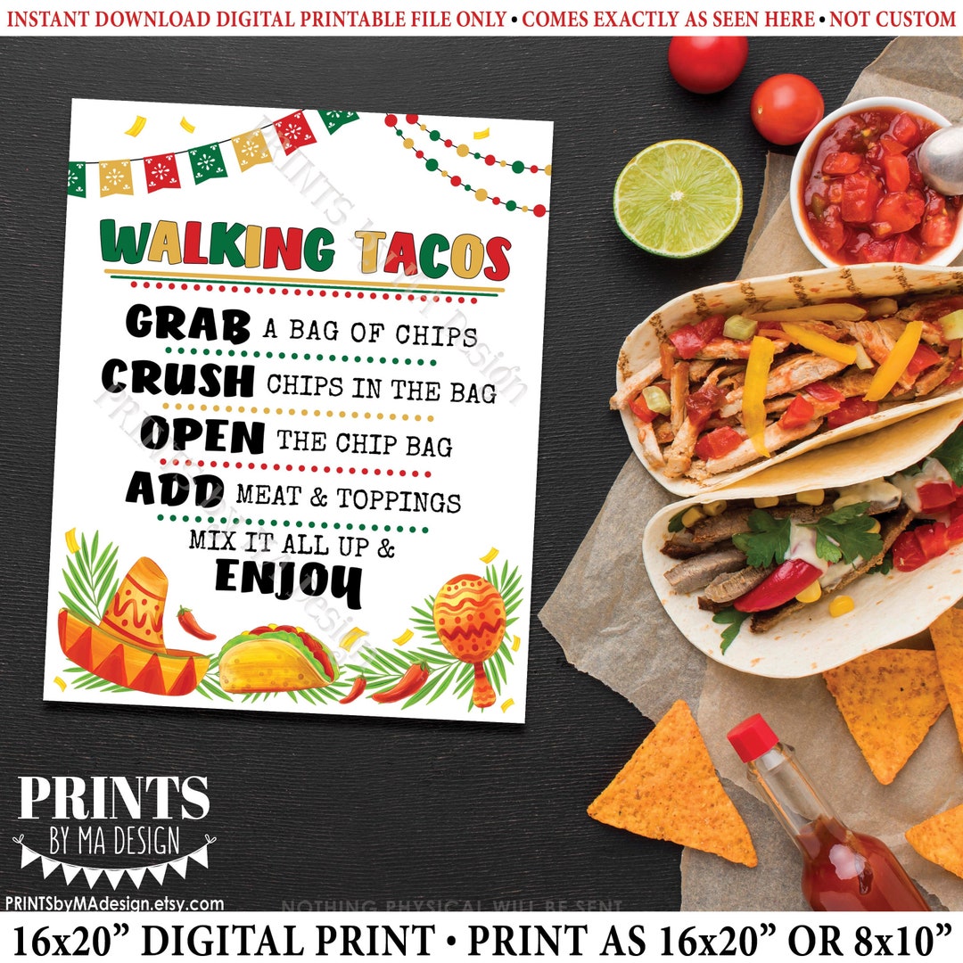 Walking Tacos Sign, Taco Bar Display, Cinco De Mayo Mexican Fiesta Menu ...