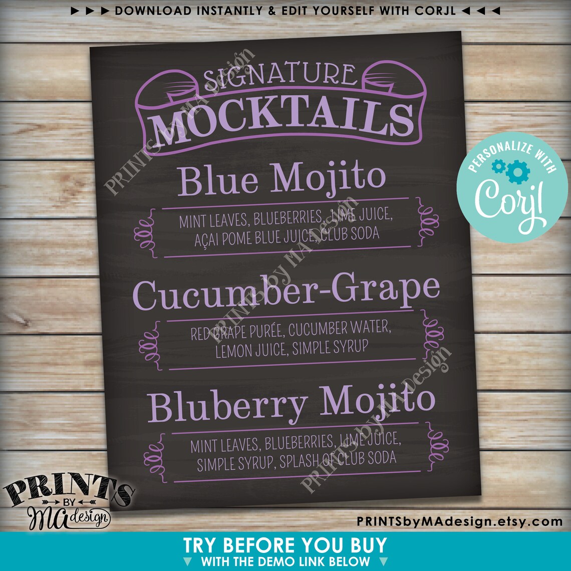 Signature Mocktails Sign 3 Non-alcoholic Beverages Custom - Etsy