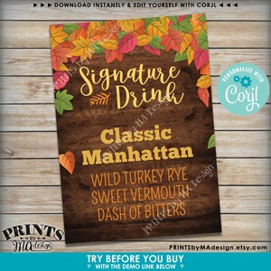 Fall Signature Drink Sign, Autumn Wedding Sign, Fall Cocktail Menu ...