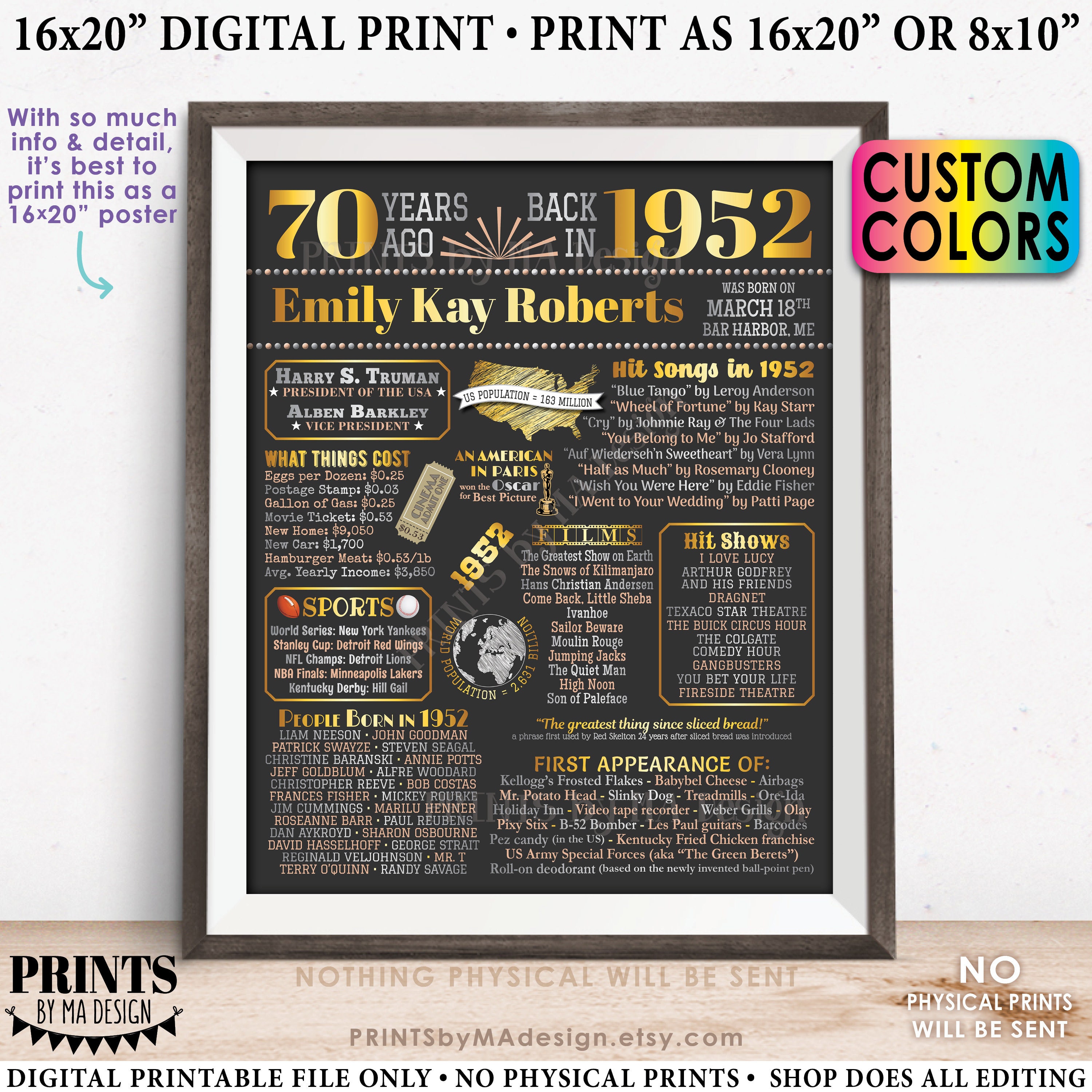 70th Birthday Poster Board, Back in 1952 Flashback 70 Years Ago B-day ...