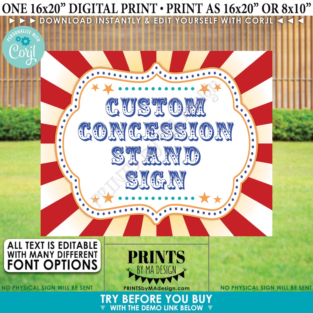 Carnival Concession Stand Sign, Custom Circus Festival, Birthday Party ...