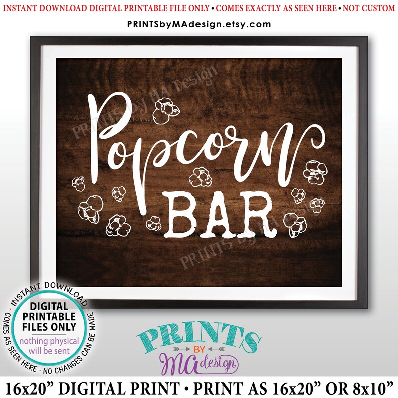 Popcorn Bar Sign PRINTABLE 8x10/16x20 Brown Rustic Wood - Etsy