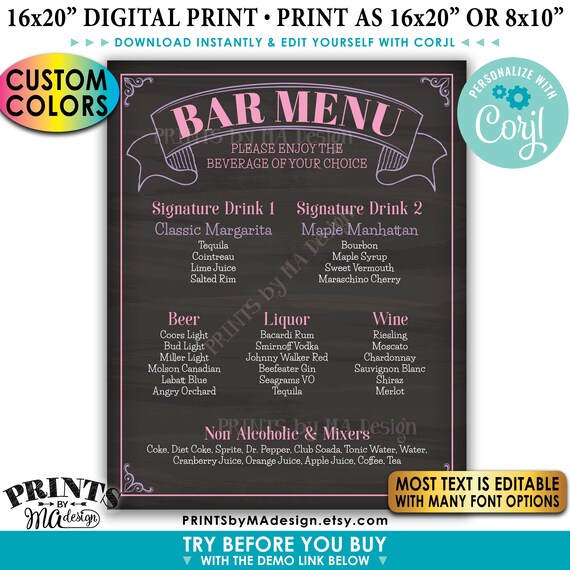 Bar Menu Sign Editable 8x10/16x20 PRINTABLE Chalkboard Style | Etsy