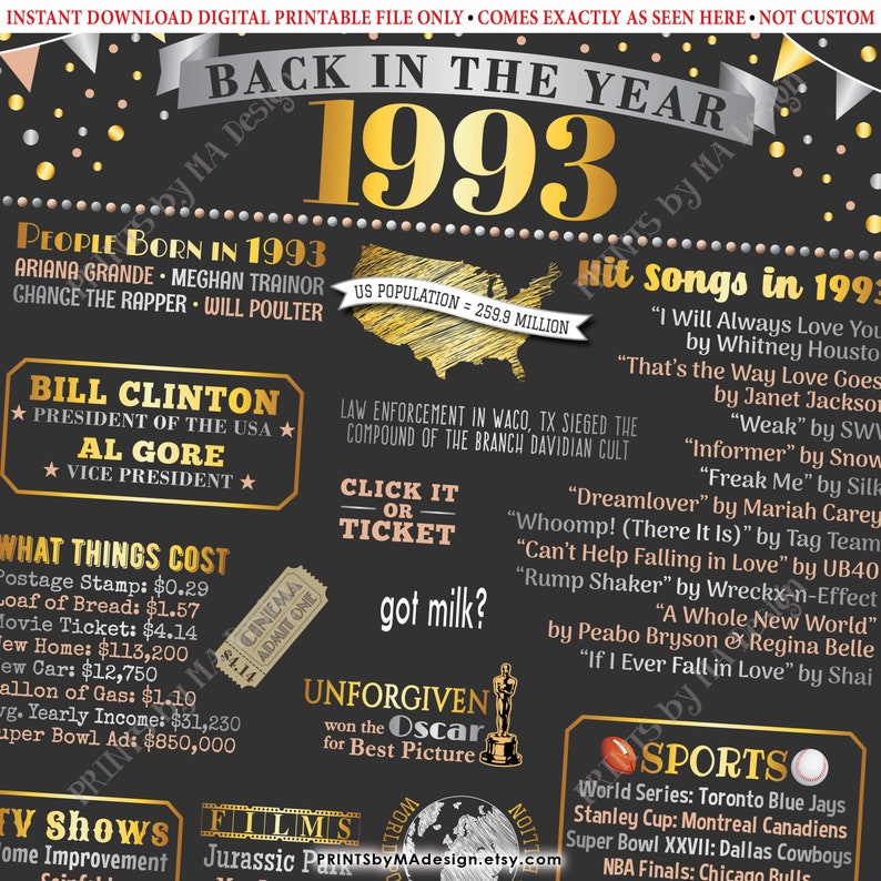 Back in the Year 1993 Poster Board Remember 1993 Sign - Etsy