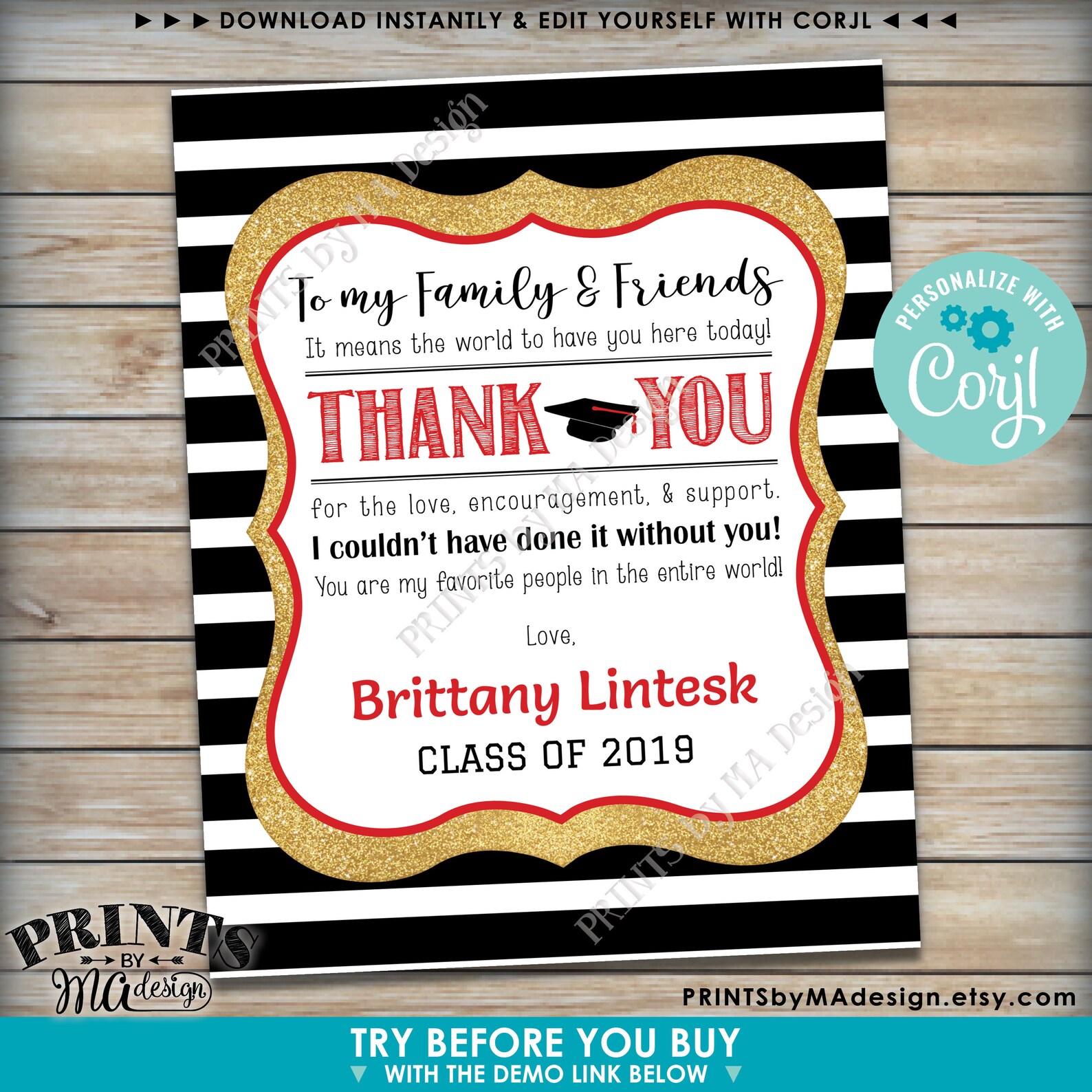 Grad Thank You Sign Graduation Party Decoration Black & Gold | Etsy