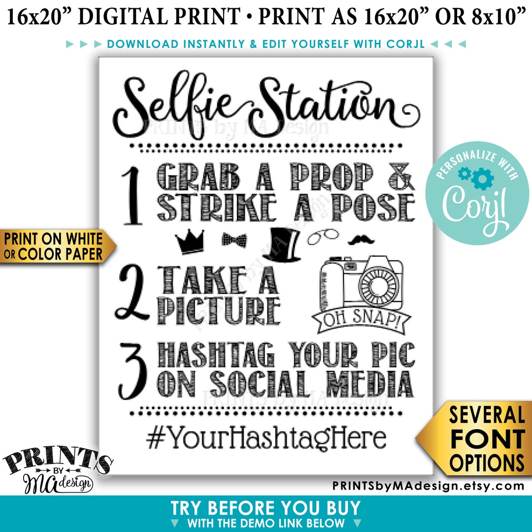 Selfie Station Sign, Share on Social Media, Custom PRINTABLE 8x10/16x20 ...