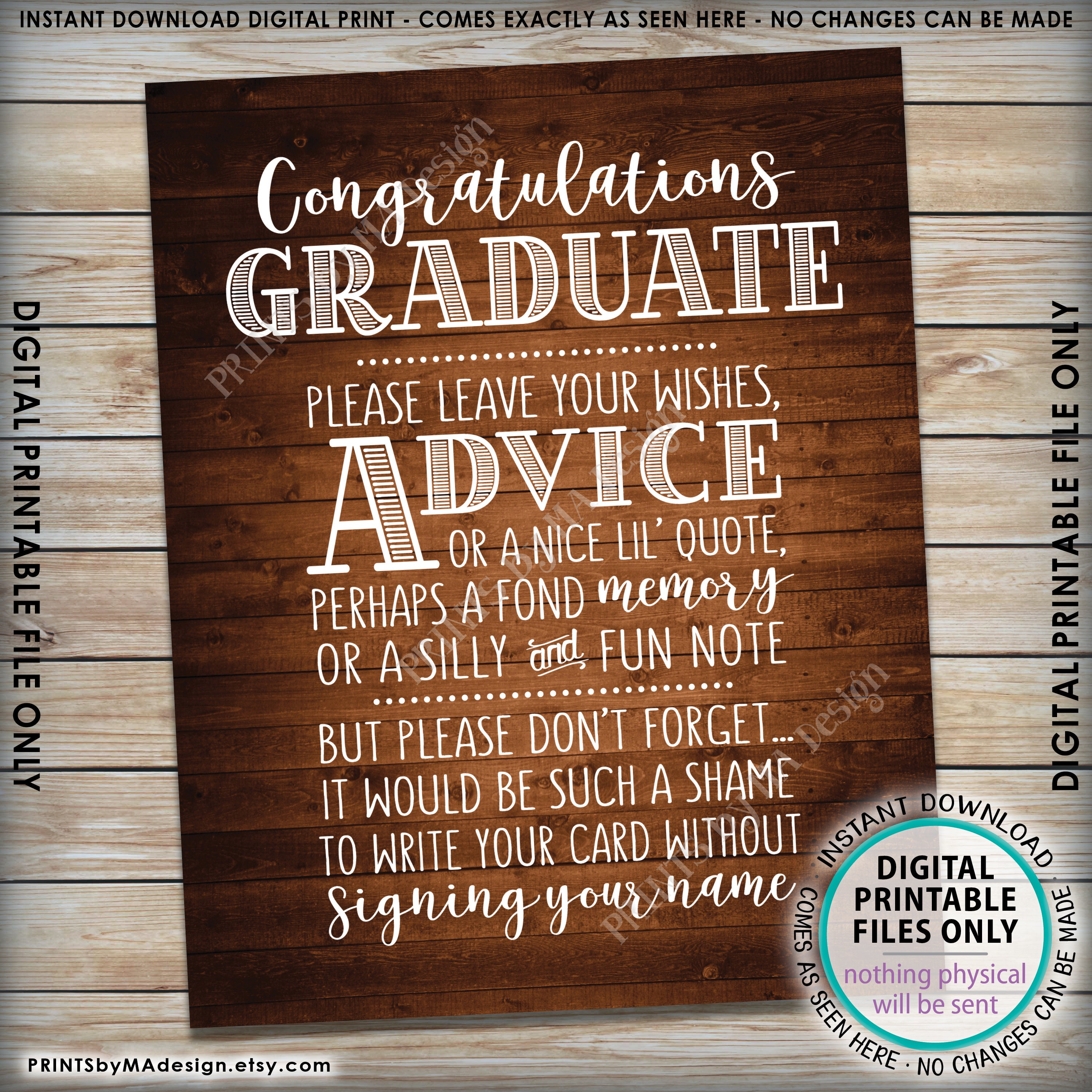 Graduation Advice Congratulations Graduate Wishes Memory PRINTABLE 