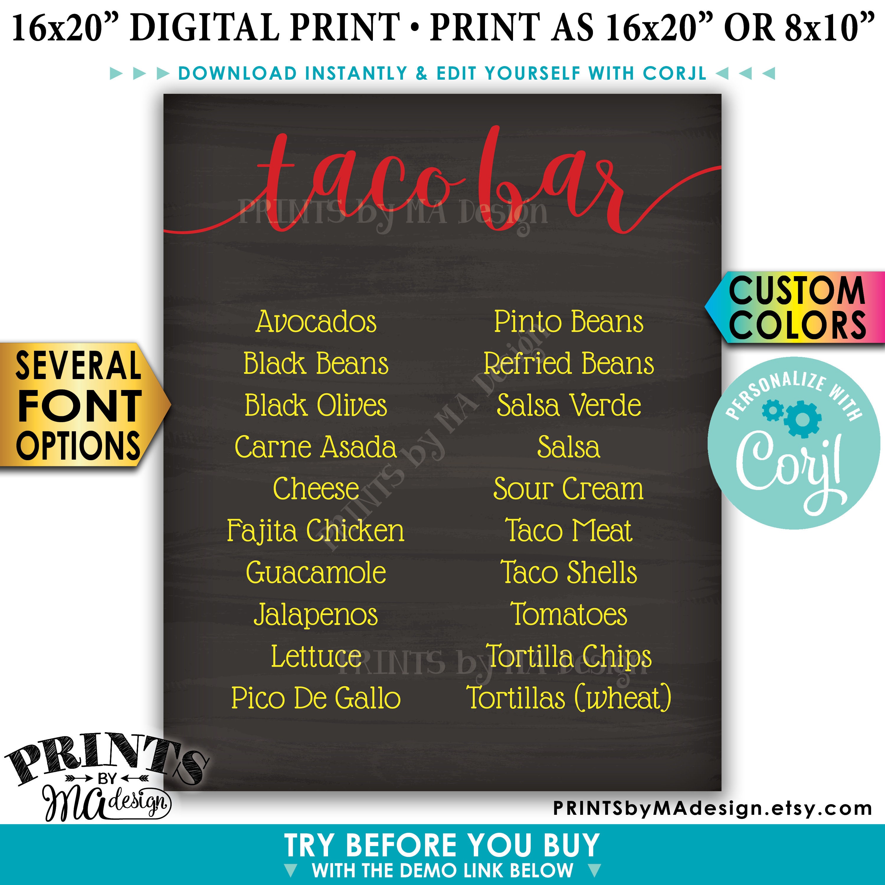 Taco Bar Menu Sign Fiesta Party Menu Custom PRINTABLE 8x10 16x20 Taco Bar Menu Sign Fiesta Party Menu Custom PRINTABLE 8x10 16x20