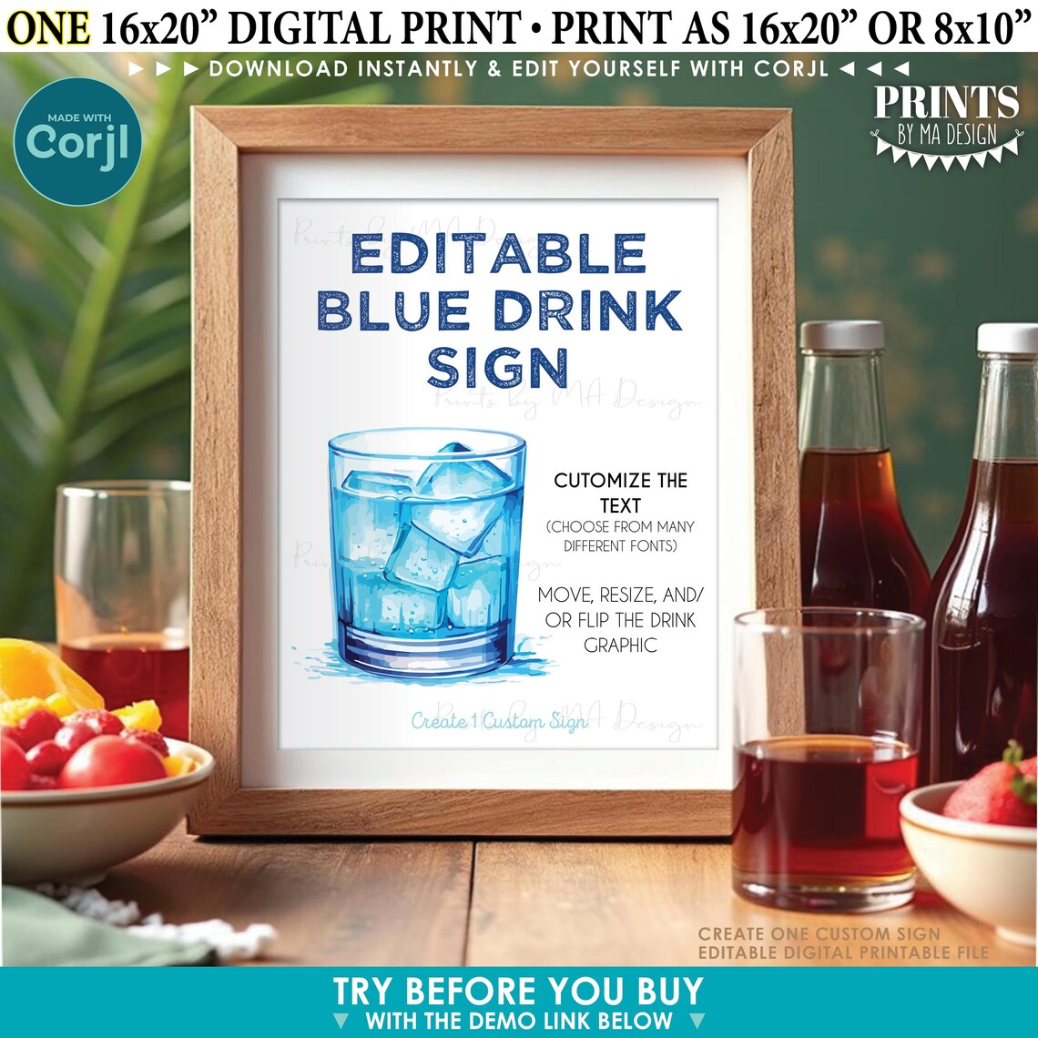 Editable Blue Cocktail Sign, Blue Lagoon, Hawaiian, Signature Drink ...