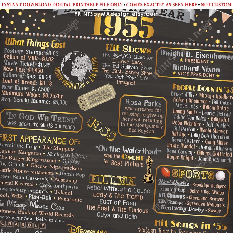 Back in the Year 1955 Birthday Sign Flashback to 1955 Poster | Etsy