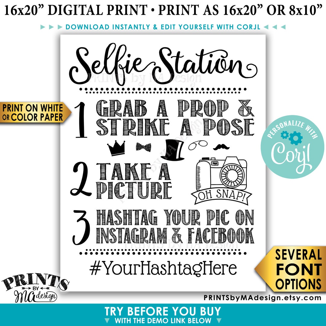 Selfie Station Sign, Share on Instagram & Facebook, PRINTABLE 8x10 ...