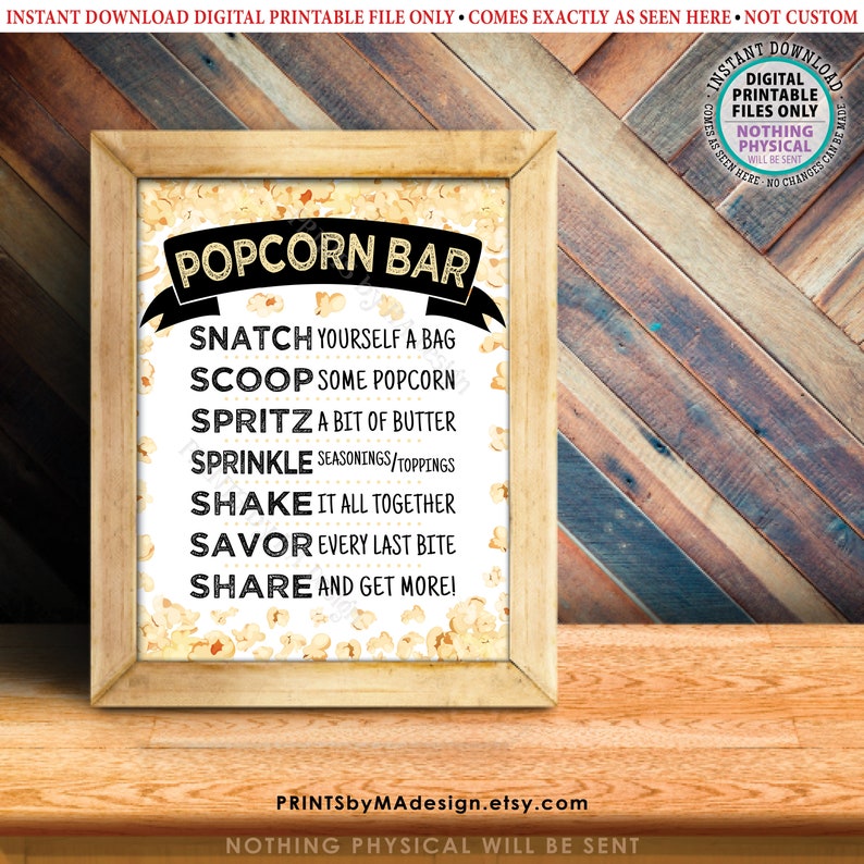 Popcorn Bar Sign, Make Your Own Popcorn Directions, Movie Theater ...