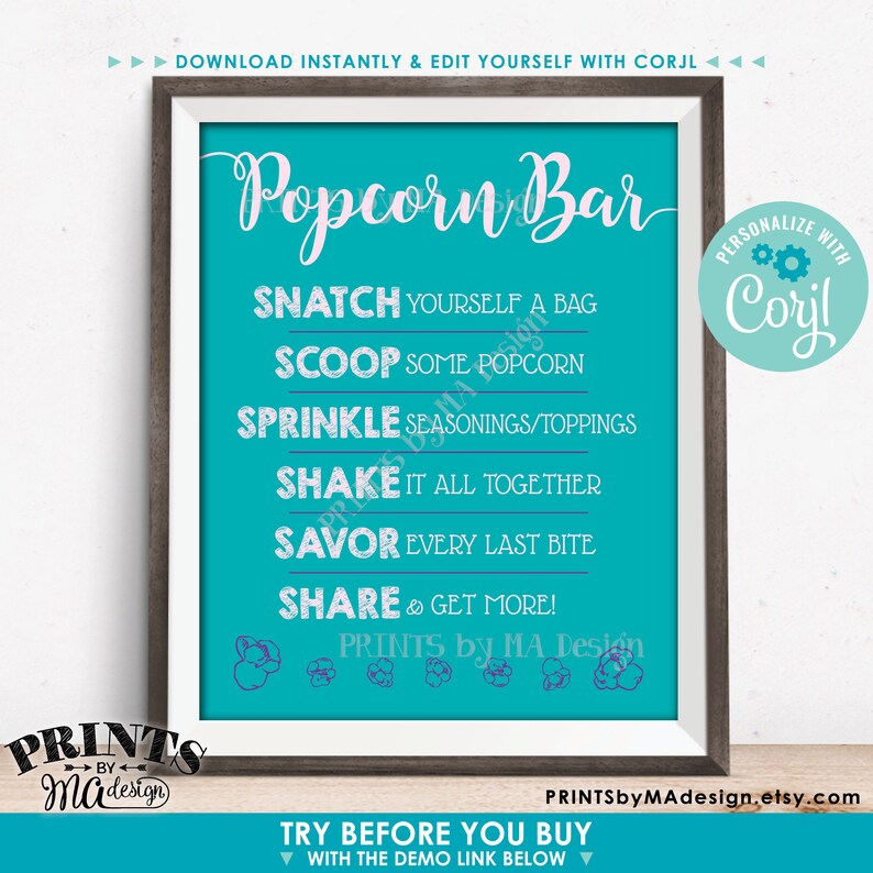 Popcorn Bar Sign Popcorn Toppings Directions Custom Colors - Etsy