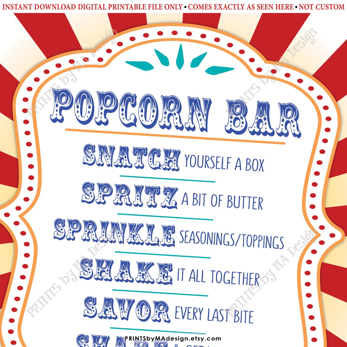Carnival/circus Popcorn Bar Sign, Box of Popcorn, Make Your Own Snack ...