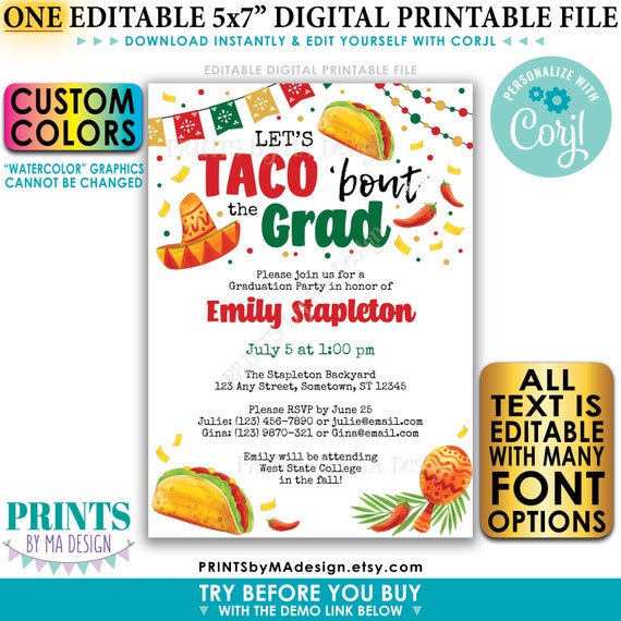 Taco Graduation Party Invitation Let's Taco 'bout the - Etsy