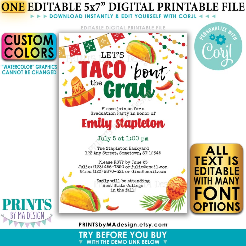 Taco Graduation Party Invitation, Let's Taco 'bout the Grad, One Custom ...