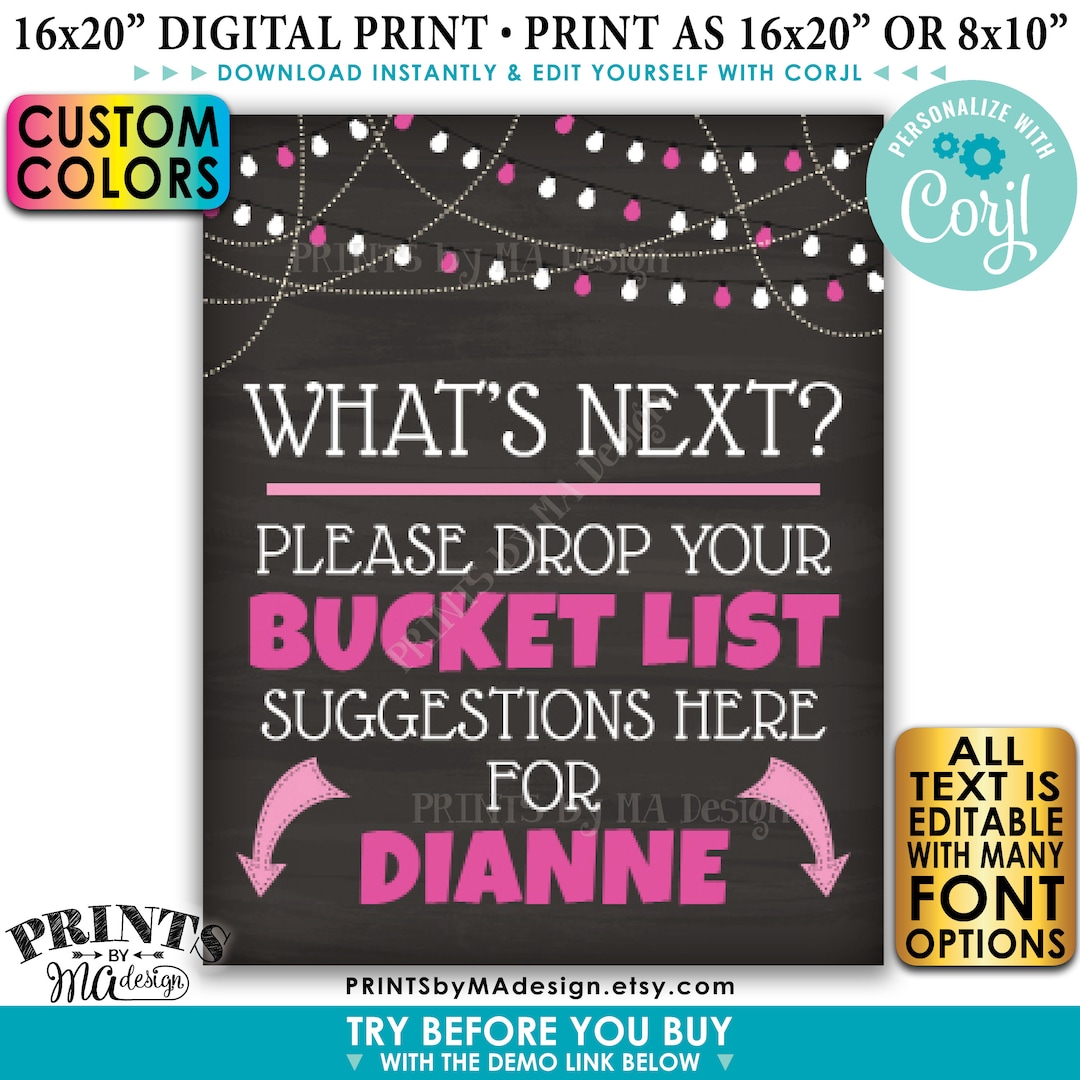 Editable Bucket List Sign, Custom PRINTABLE 8x10/16x20” Chalkboard ...