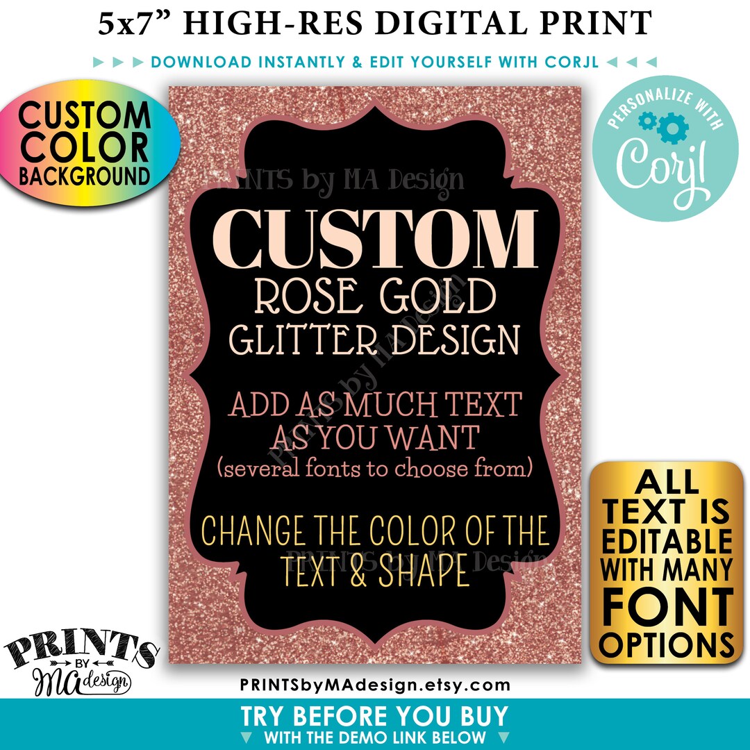 Editable Rose Gold Glitter Design, Custom Text, Any Background Color ...