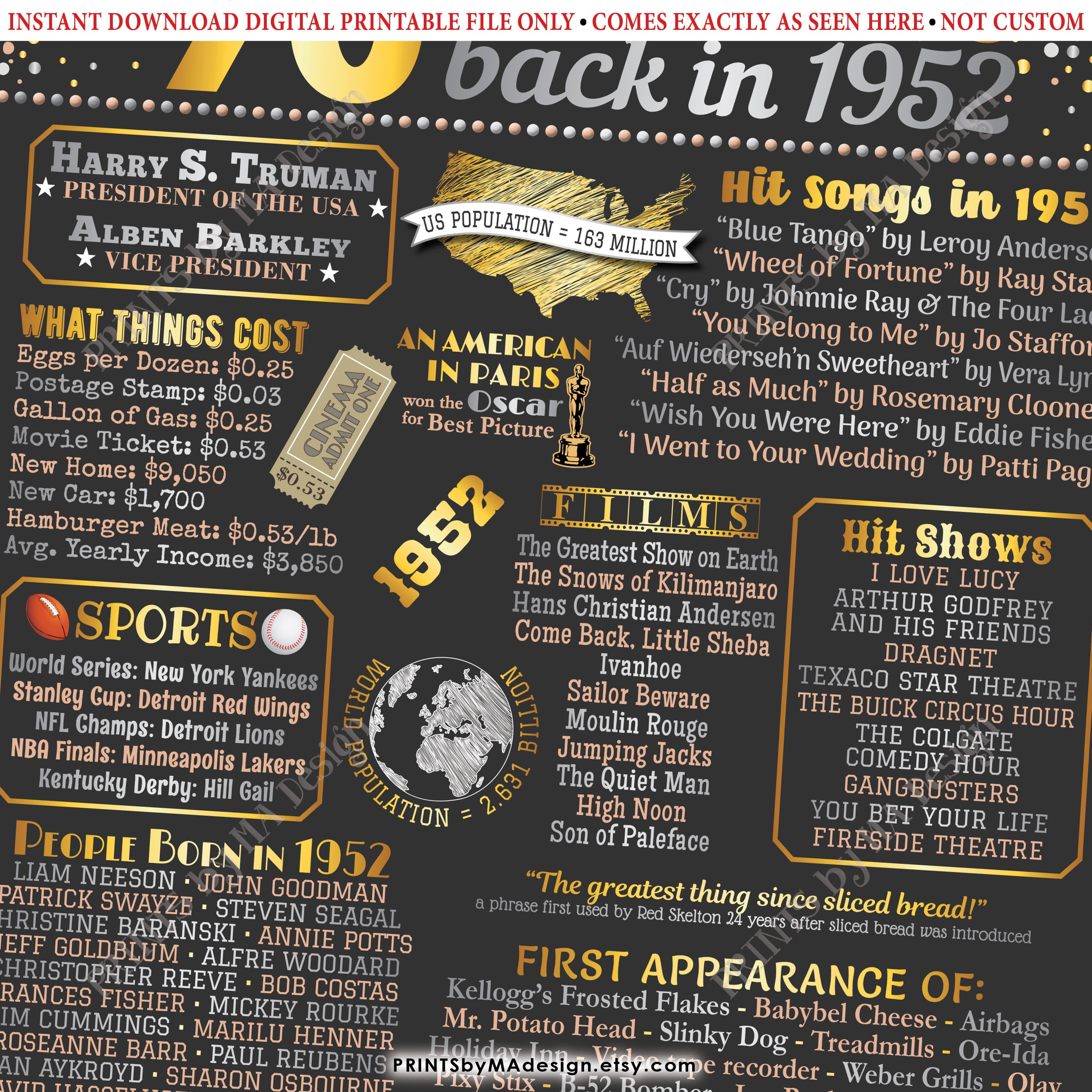 70th Birthday Poster Board, Born in the Year 1952 Flashback 70 Years ...