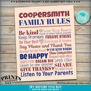 Editable Family Rules Sign, Family Wall Art, House Rules, Custom Colors ...