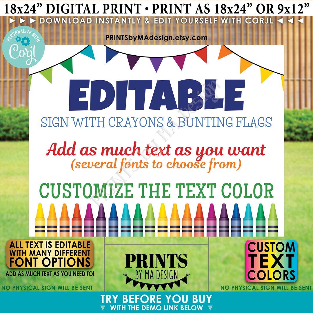 Editable Sign With Colorful Crayons & Bunting Flags, Custom PRINTABLE ...