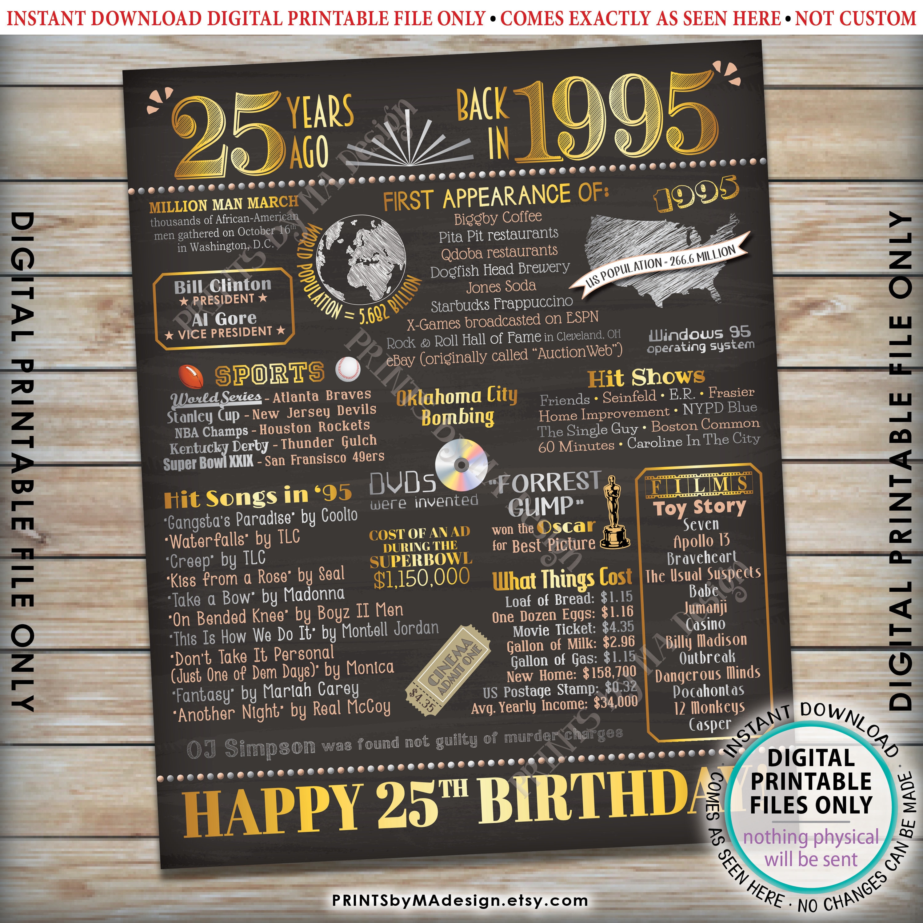 25th Birthday Poster Board, Back in the Year 1995 Flashback 25 Years ...