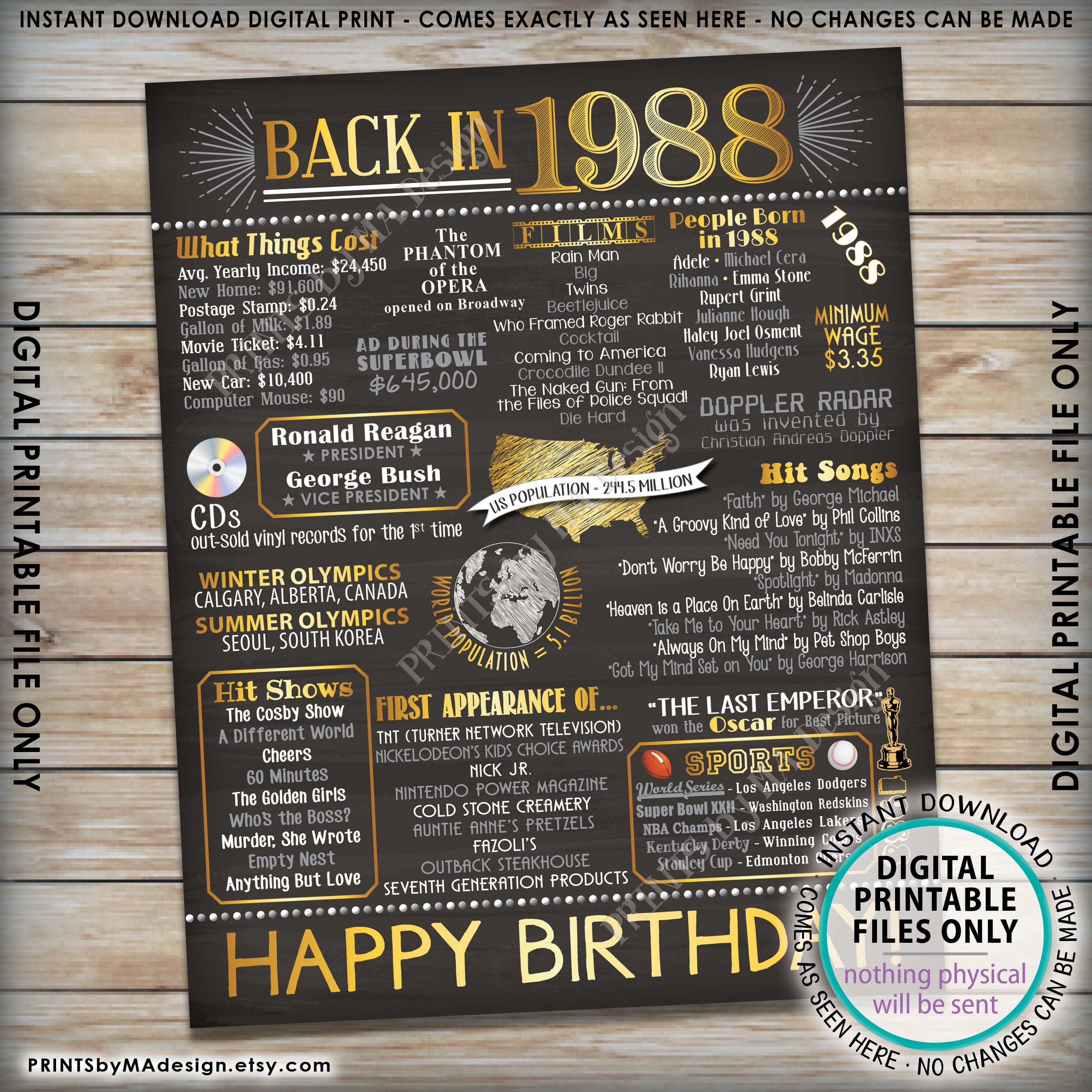 1988 Birthday Flashback Poster, Back in 1988 Birthday Decorations, ’88 ...