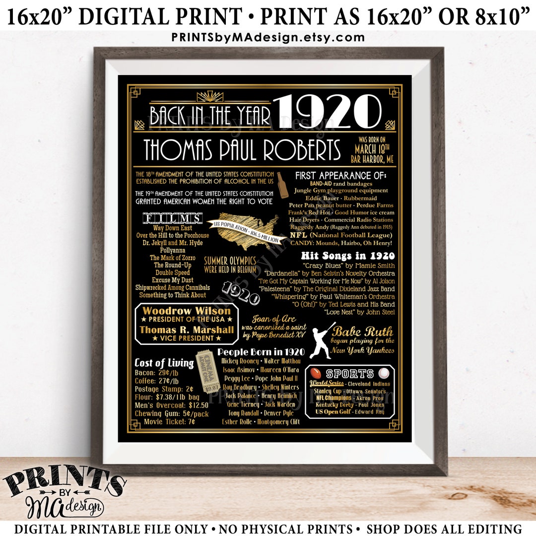Back in the Year 1920 Birthday Sign, Flashback to 1920 Poster Board ...