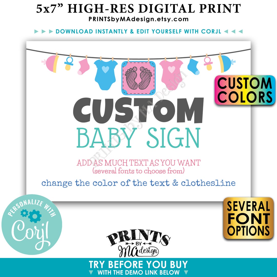 Custom Baby Shower Sign, Choose Your Text & Colors, Baby Clothesline, 1 ...