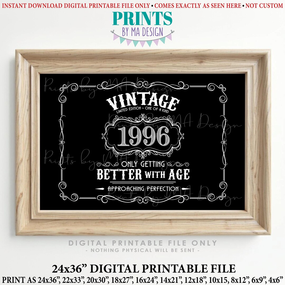 1996 Birthday Sign, Better With Age Vintage Birthday Poster, Whiskey ...