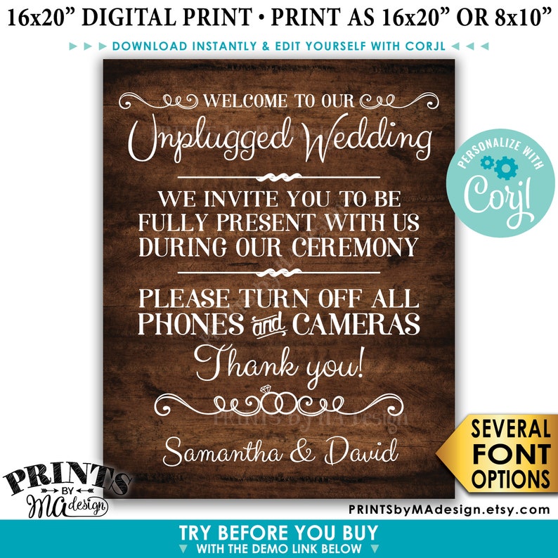 Unplugged Wedding Sign Please Turn off Phones & Cameras - Etsy