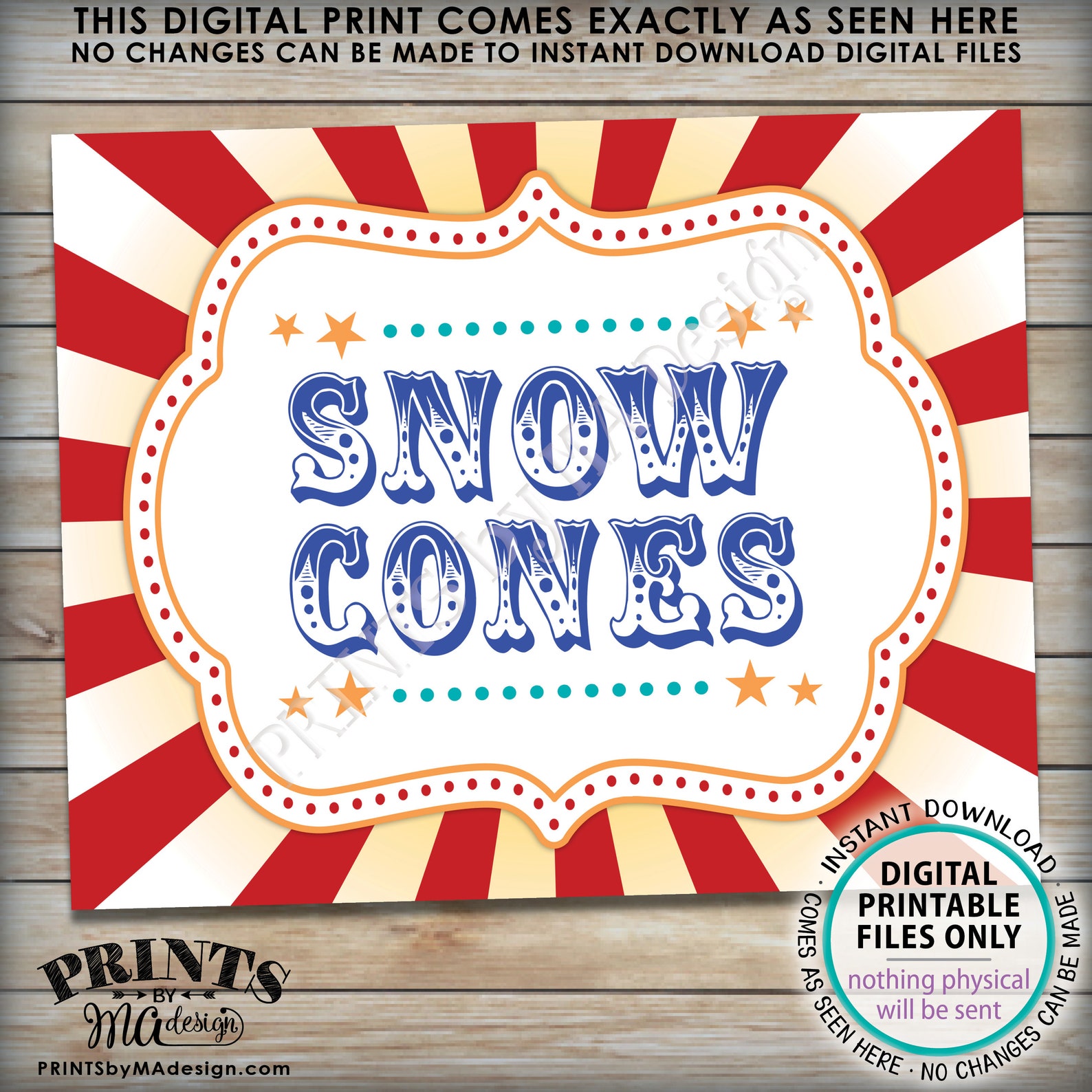 Carnival Snow Cones Sign, Circus Snow Cones Station, Food, Birthday ...