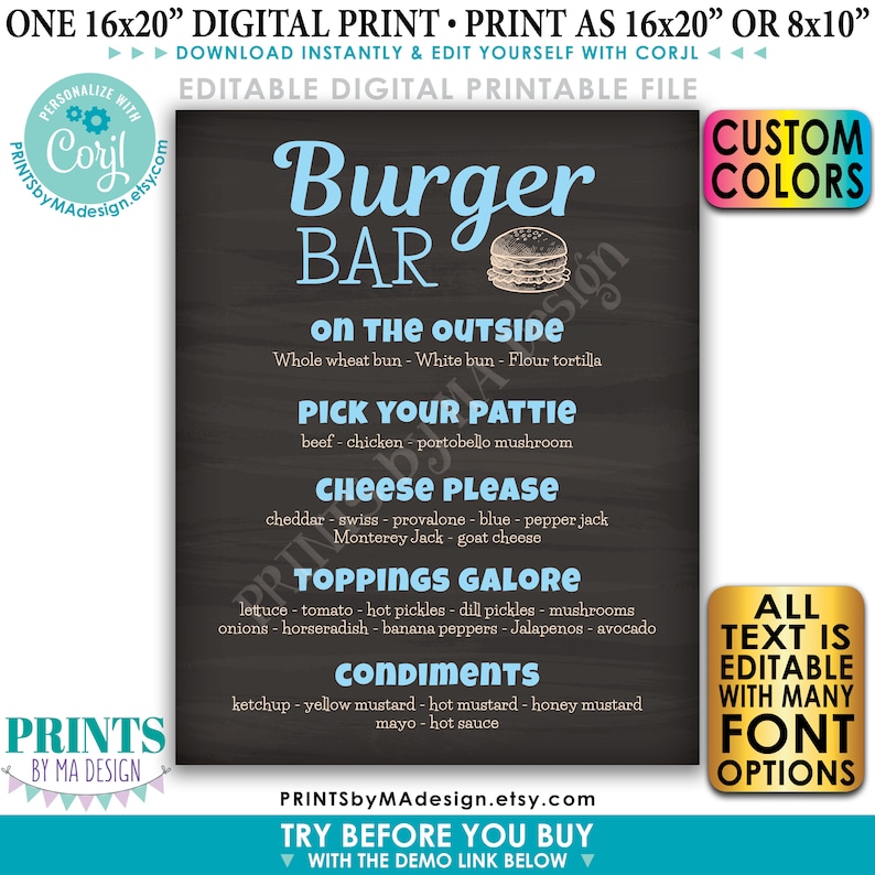 Editable Burger Sign Custom Burger Bar Menu Build Yourself a - Etsy