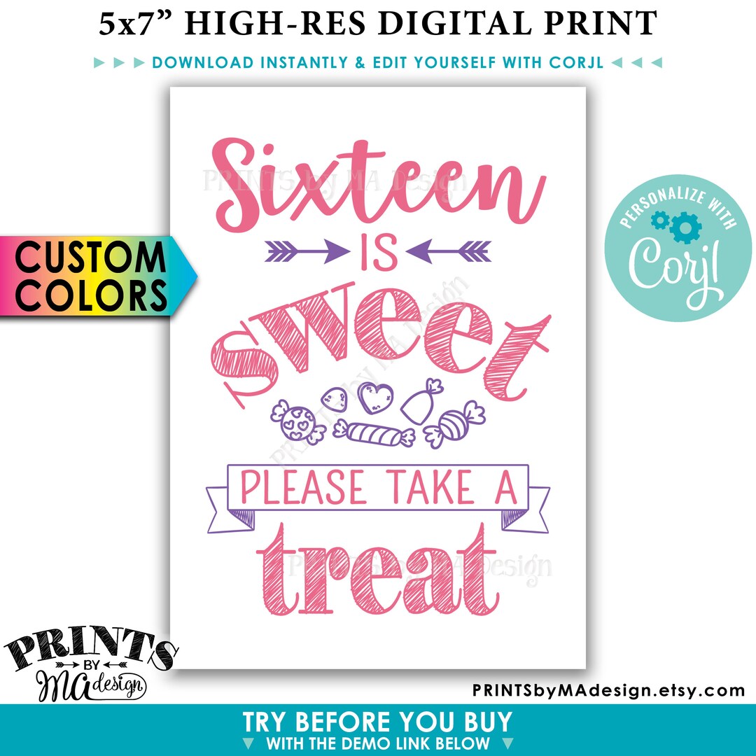 Sweet 16 Party Sign, Sixteen is Sweet Please Take a Treat, Birthday ...