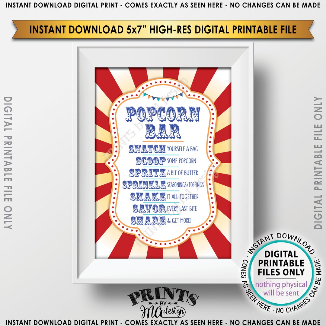 Popcorn Bar Sign, Carnival Themed Popcorn Bar Directions, Carnival ...