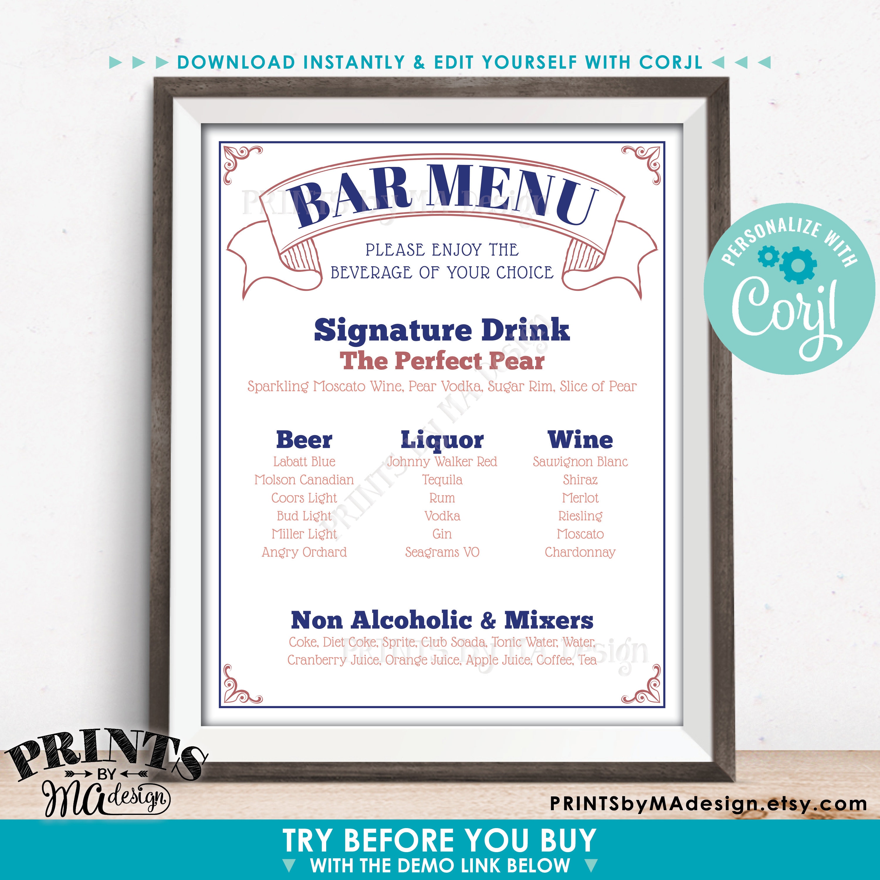 Bar Menu Sign, Custom PRINTABLE 8x10/16x20” Drinks Sign, Birthday Party ...