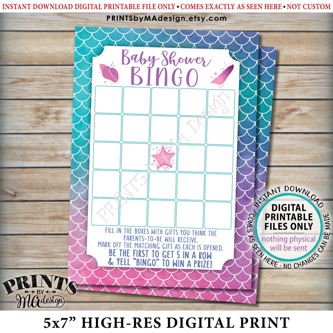 Bingo de baby shower, juego de baby shower de bingo de sirena, juego de ...
