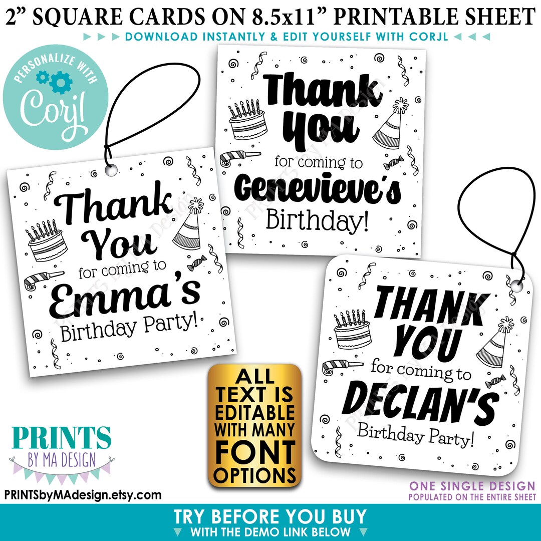 Birthday Thank You Tags, Editable Bday Party Favors, Custom Goodie Bags ...