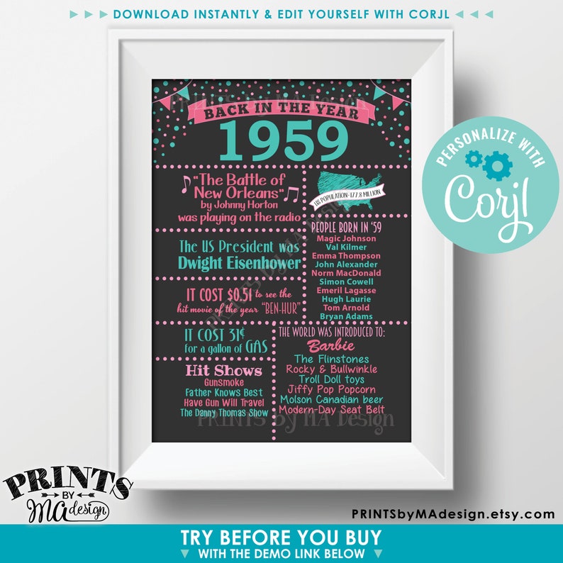 Back in 1959 Flashback Card or Sign Remember 1959 Birthday - Etsy