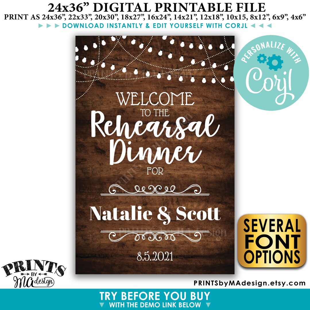 Welcome to the Rehearsal Dinner Sign, Custom PRINTABLE 24x36” Rustic ...
