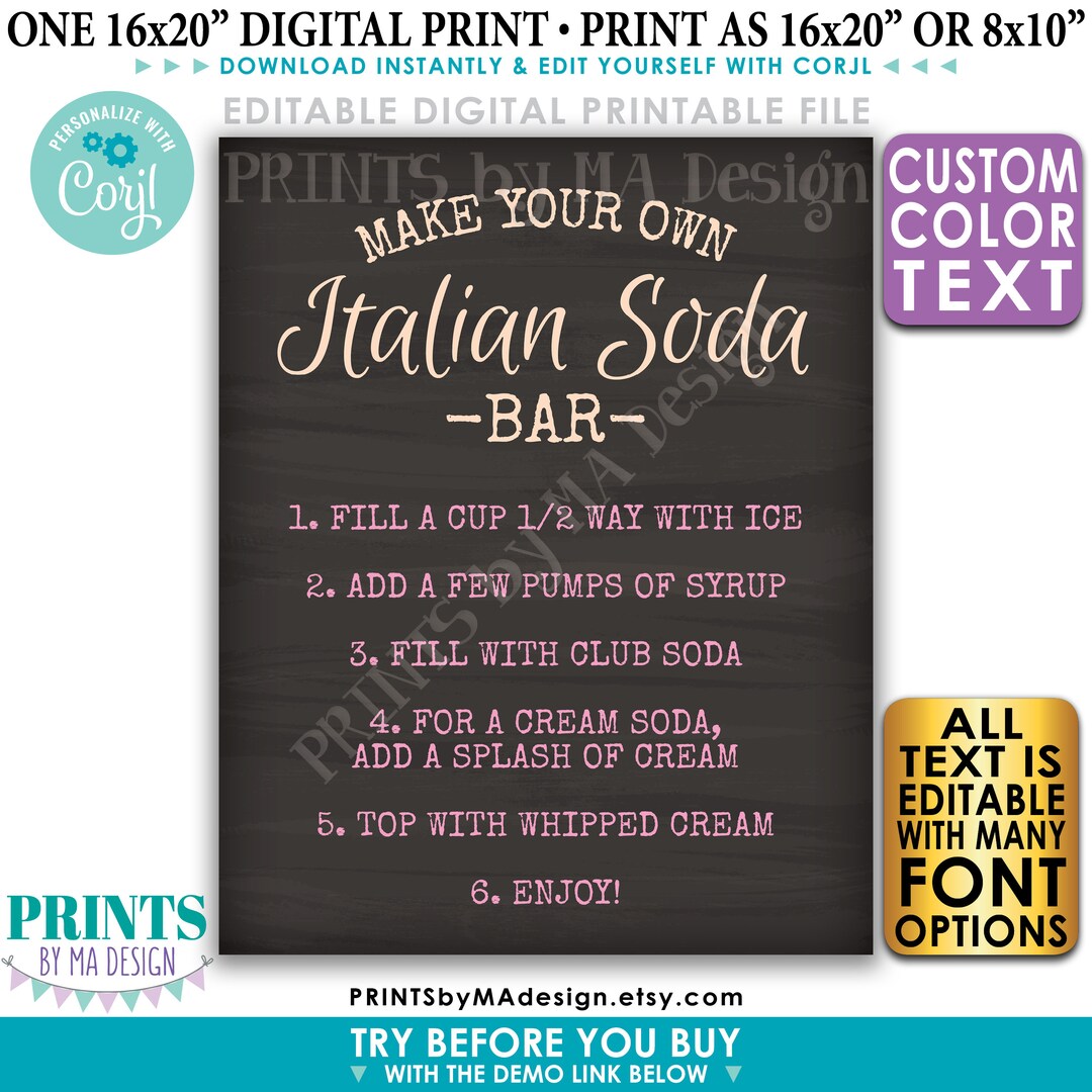 Editable Italian Soda Bar Sign, Cream Soda, Custom PRINTABLE 8x10/16x20 ...