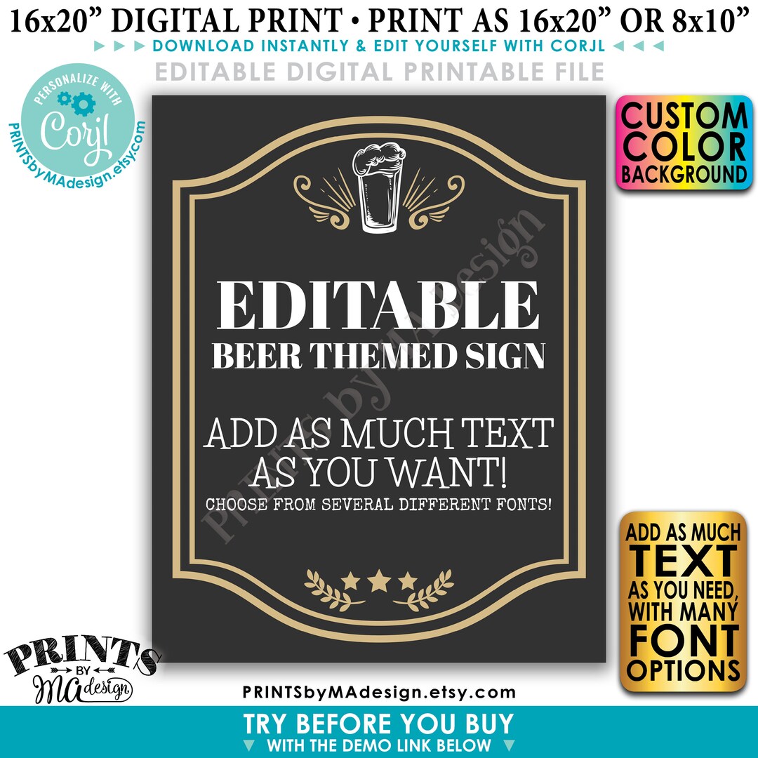 Editable Beer Themed Sign, Cheers & Beers, Choose Your Text, One Custom ...